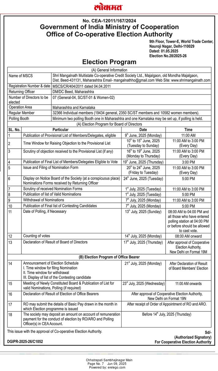 ELECTION OF BOARD OF DIRECTOR & OFFICE BEARERS - Shri Mangalnath Multistate
